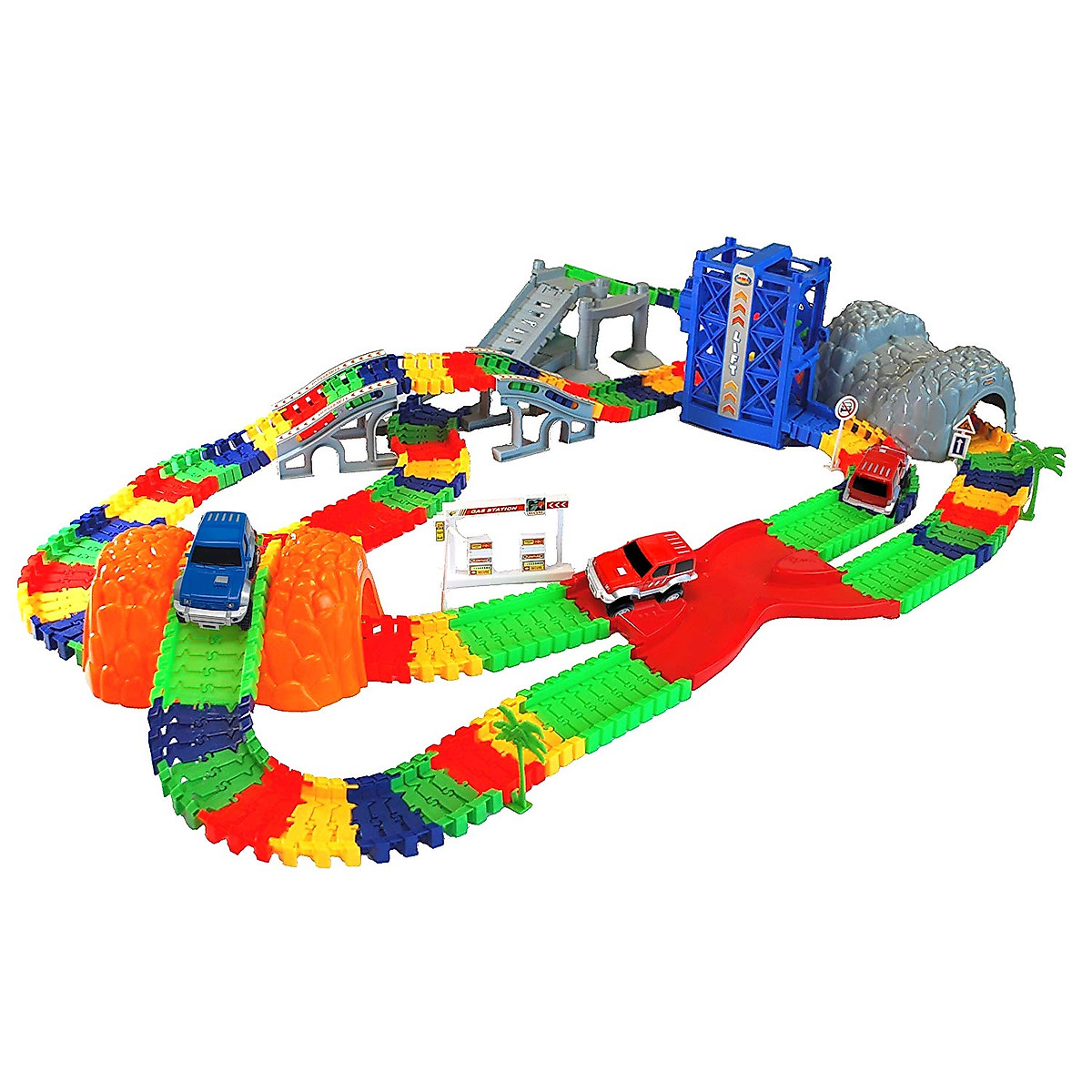 MMP Living Super Snap Speedway - Deluxe Bend and Flex Track Set with 3 Electric Cars, Tunnels, Bridge, Elevator, ramp, Track Merge and Accessories - Over 300 Pieces
