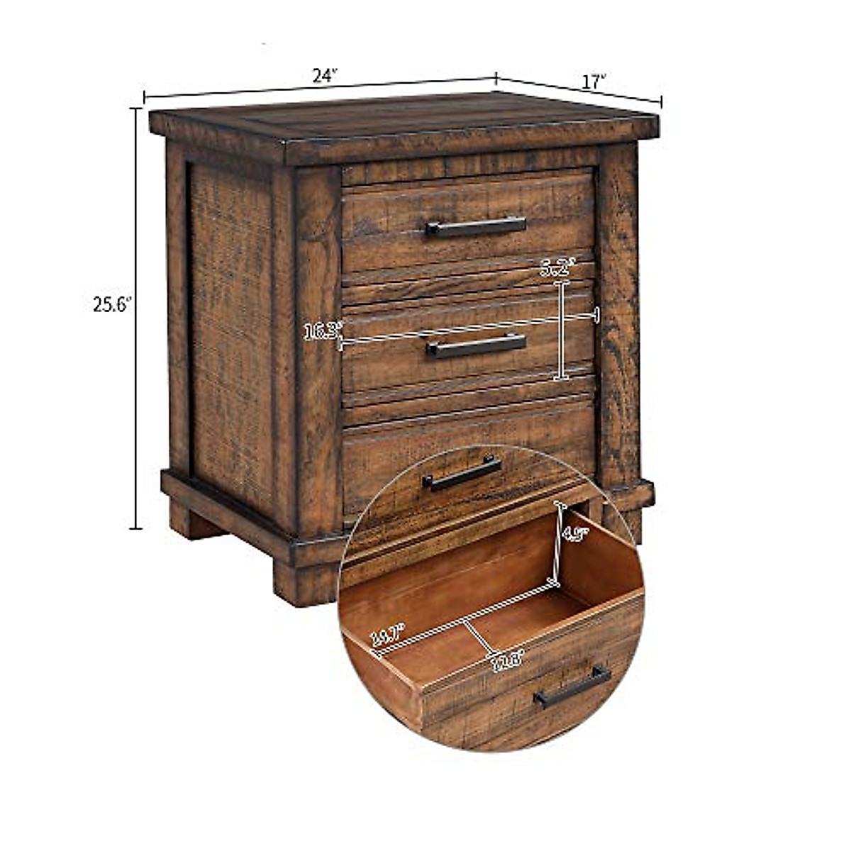 Knocbel Rustic Nightstand with 3 Drawers, Reclaimed Solid Pine Wood Farmhouse Night Stands Sofa End Table with Removable Hardware, 24" L x 17" W x 25.6" H, Natural Color Nightstand