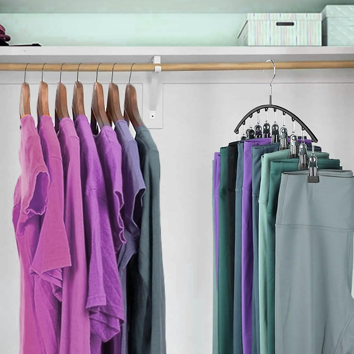 2 Pack Skirt Pants Hangers with Clips Space Saving, Legging Organizer for Closet Hanging with 10 Clips Hold 20 Leggings Shorts Jeans Skirts, Black