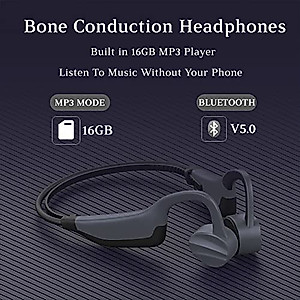 AfterRuenz Waterproof Bone Conduction Headphones Wireless Bluetooth 5.0 IP68 Headset with Mic Built-in 16 GB MP3 Player Open Ear for Swimming Running Driving Gym (Gray)