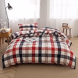 FACE TWO FACE Bedding Duvet Cover Set 3 Pieces 100% Washed Cotton Duvet Cover Linen Like Textured Breathable Durable Soft Comfy (Queen, Blue red Grid)