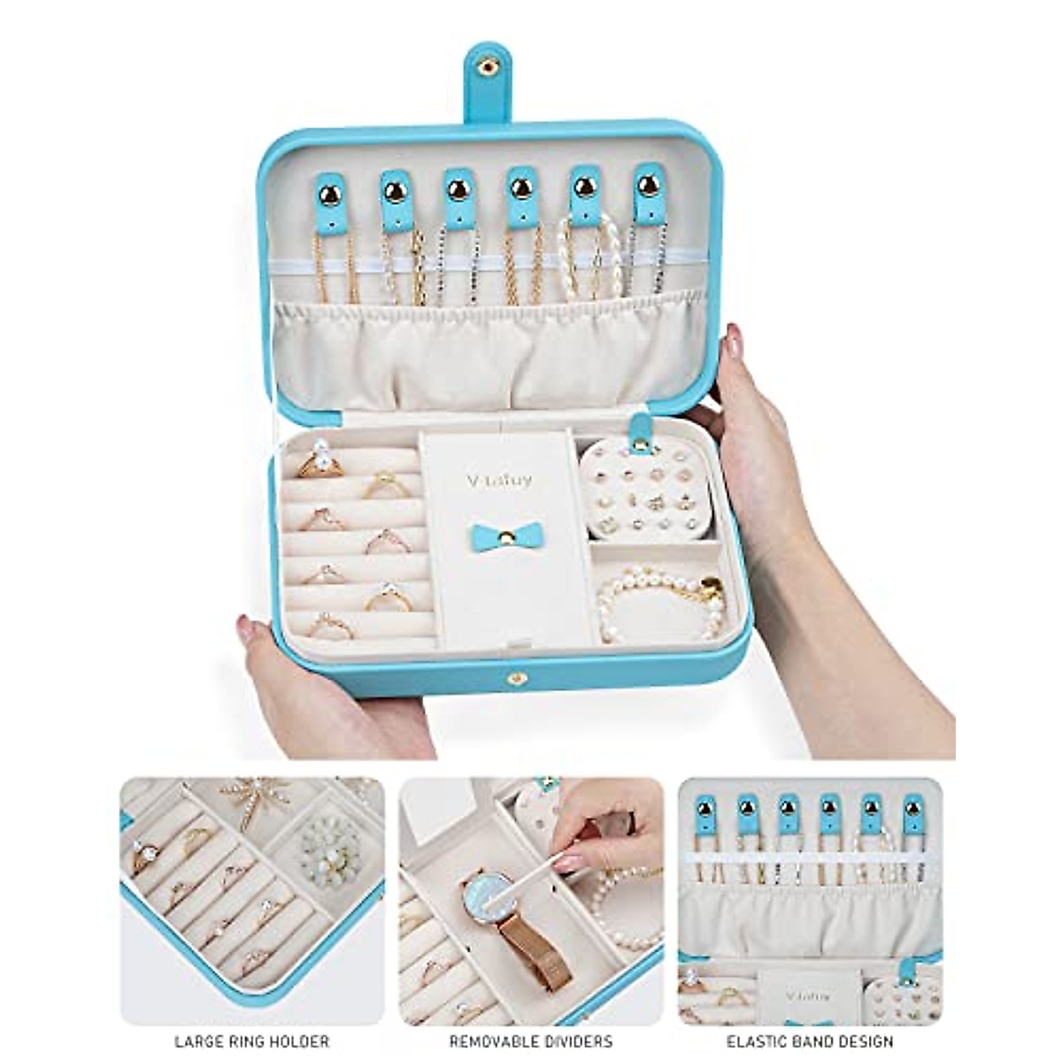 V-LAFUY Jewelry Travel Box Small Jewelry Travel Case with Mirror, Portable Jewelry Box Travel for Women Girl, Jewelry Case for Traveling, Blue N