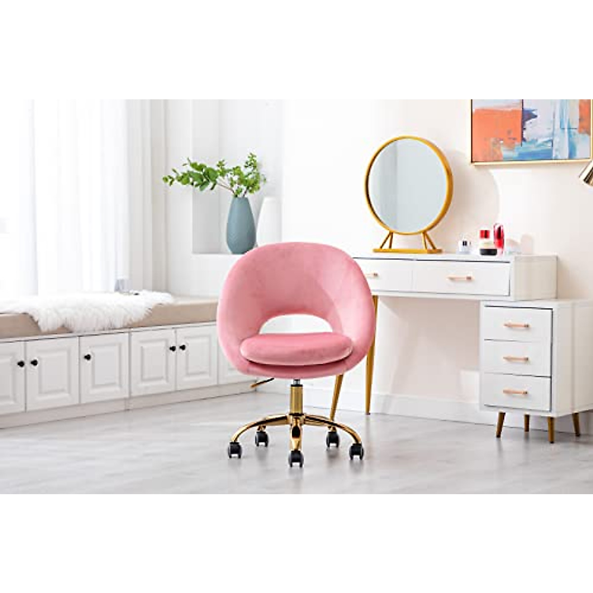 ZOBIDO Comfy Home Office Task Chair with Wheels, Cute Modern Upholstered Velvet Seashell Back Adjustable Swivel Vanity Desk Chair, for Women, for Kids, for Girls, Living Room, Bedroom (Peach Pink)