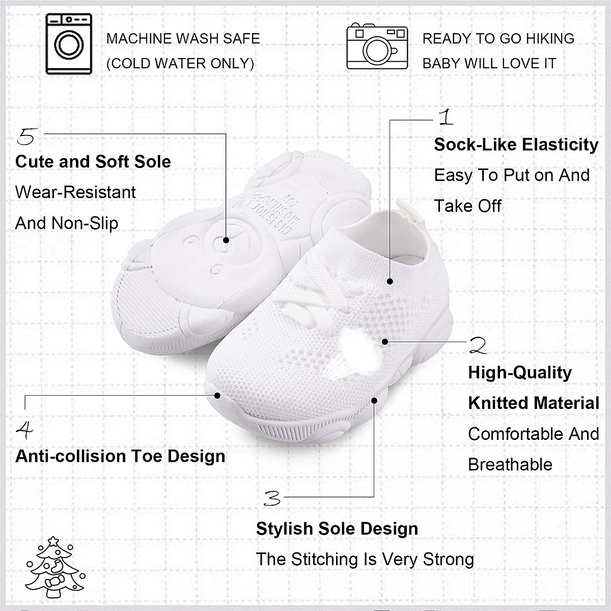 Baby First Walking Shoes 1-4 Years Kid Shoes Trainers Toddler Slip on Infant Waves Shoes Boys Girls Cotton Mesh Breathable Sneakers Outdoor(White,5 T) Bear22