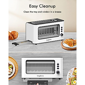 Clear View Toaster, LONGDEEM 1.75'' Extra Long Slot Glass Toasters Stainless Steel 2 Slice with 6 Browning Control for Bagel, Defrost & Auto Shut Off with Removable Crumb Tray, White