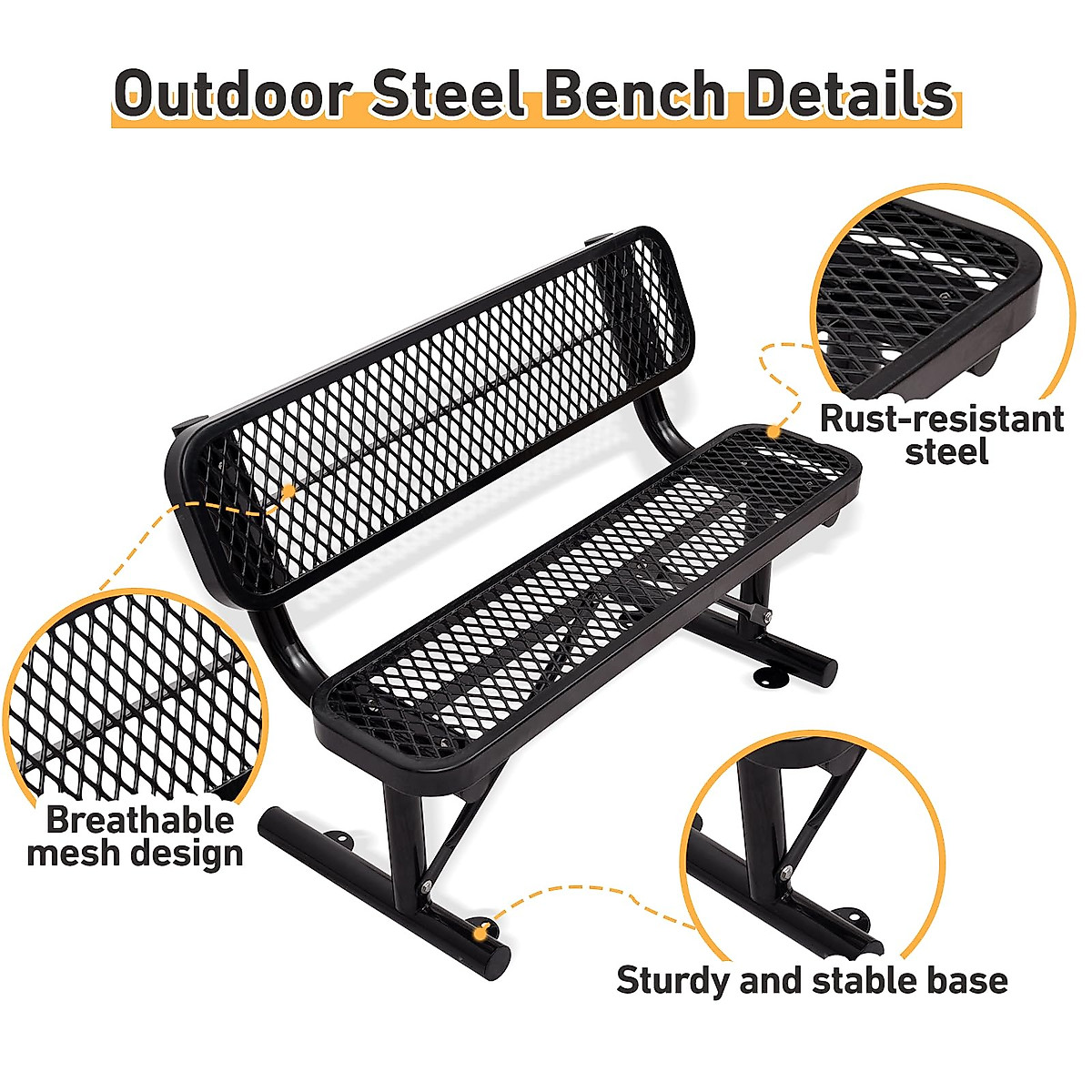 4FT/48'' Outdoor Garden Bench, Cast Iron Metal Frame Patio Park Bench with Backrest, Portable Expanded Metal Black Bench, Commercial-Grade Outdoor Seating for Lawn, Patio, Park, Yard, Garden, Porch