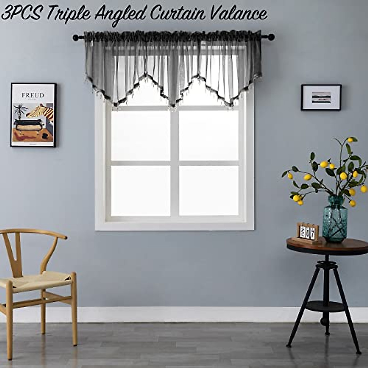 PearAge Beaded Sheer Triangle Valance Curtains for Living Room,Rod Pocket Farmhouse Window Valance, Bead Trim Tassel Voile Sheer Curtain Valance for Bedroom Bathroom Cafe 51x24 Inches (Black) 1PC
