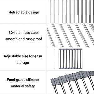 OHOH Retractable Dish Drying Rack for Sink, Adjustable Length Ranges from 10.8"-19.7", Multipurpose Heat Resistant Roll Up Kitchen Draining Rack for Cups Fruits Vegetables (Silver)