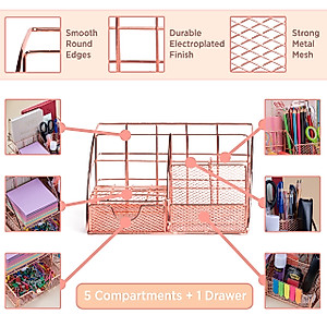 Rose Gold Desk Organizer for Women Cute Home Office Accessories & Supplies Decor, Girly Desktop Stationary Essentials Organization Set, Mesh Caddy Storage 5 Compartments +1 Mini Sliding Drawer
