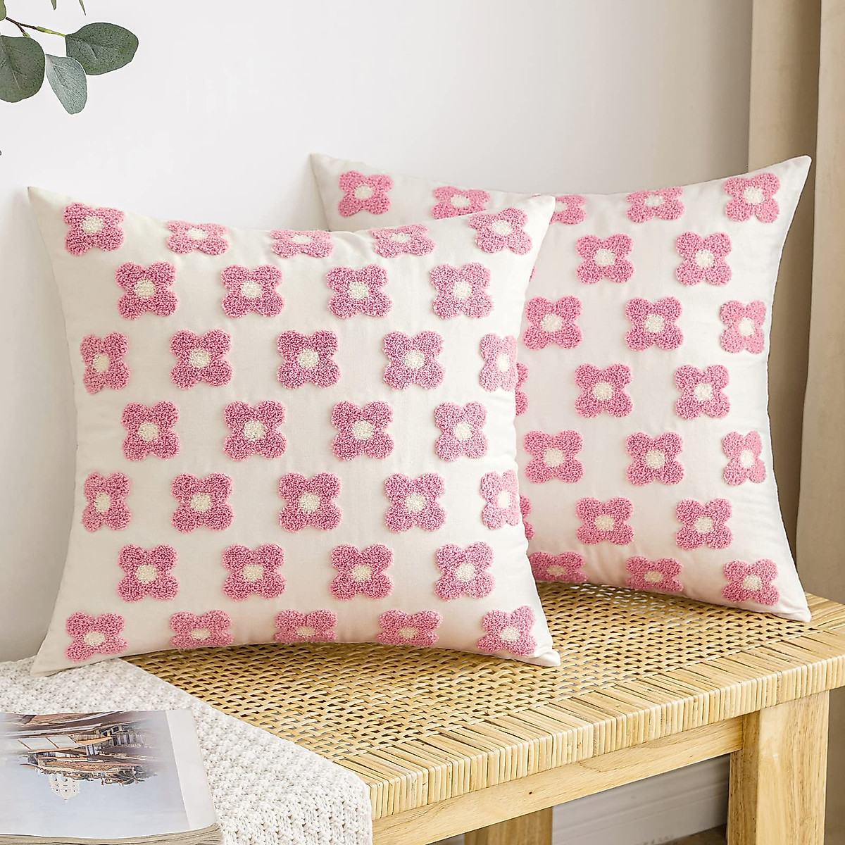 EMEMA Decorative Throw Pillow Covers Daisy Sun Flower Jacquard Pillowcase Cushion Case Square for Couch Sofa Bed Living Room Bedroom Set of 2, 16x16 Inch, Pink and White