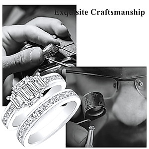 1.5 Carat (ctw) Emerald Cut Wedding Ring Set for Women White Gold Moissanite Bridal Sets Wedding Rings Platinum Plated Silver Engagement Ring Set Anniversary Promise Rings for Her(size 4.5)