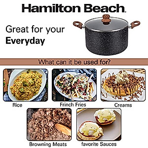 Hamilton Beach 8.5 Quart Nonstick Marble Coating Even Heating Round Dutch Oven Pot with Glass Lid and Wooden Like Soft Touch Handle, Dutch Oven Pot, Braising, Roasting