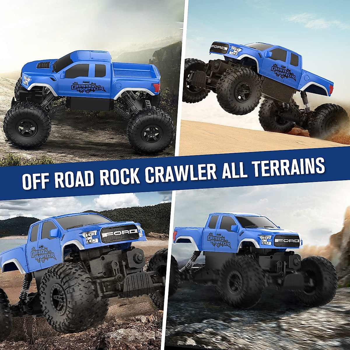 DOUBLE E Ford Raptor F150 RC Car 4WD Monster Trucks for Boys,11 Inches Off Road Crawler Vehicle RC Truck Toy Gift for Boys Girls 6 7 8-12 Years-Blue