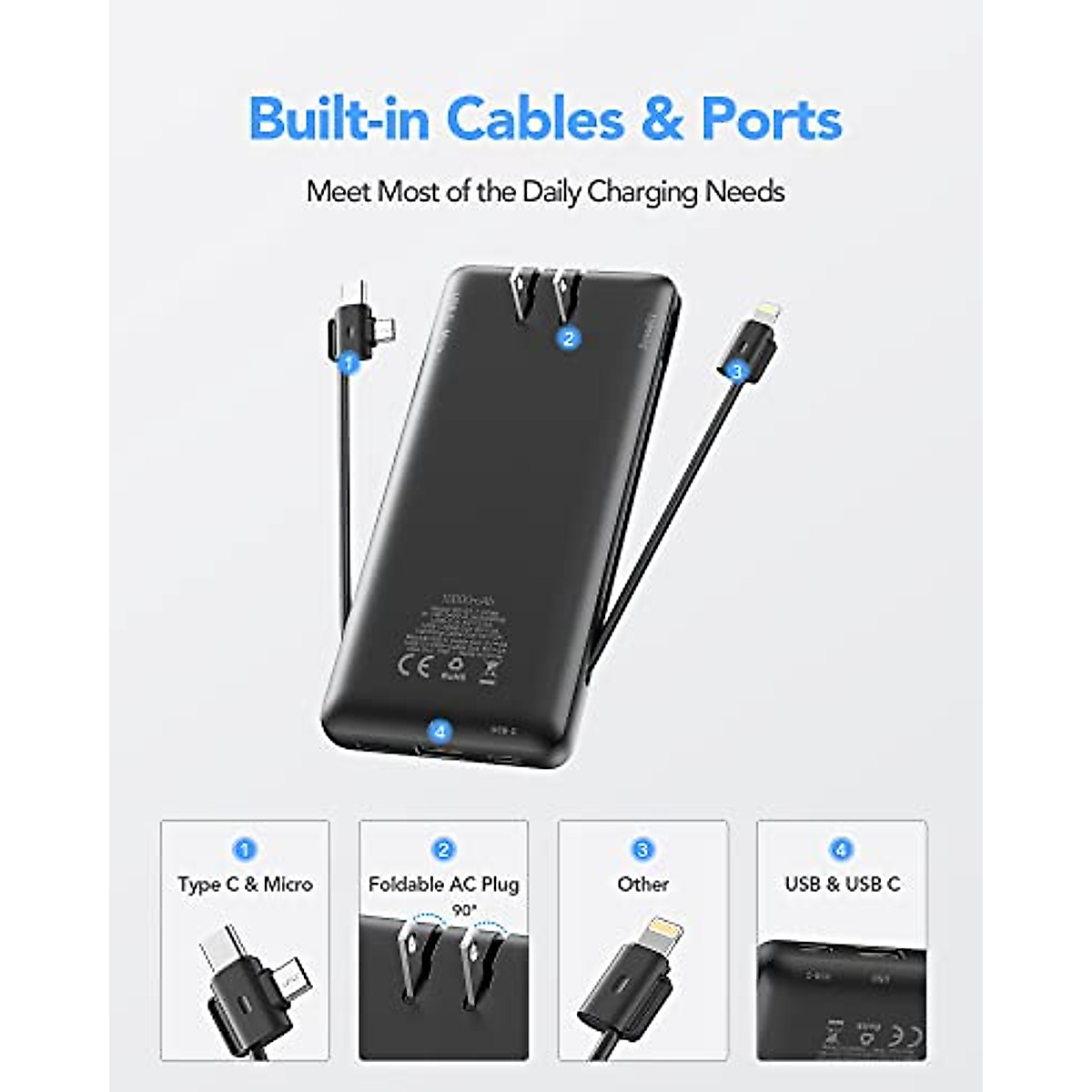 Portable Charger with Built-In Cables and AC Wall Plug,VRURC 10000mAh Phone Charger,5 Output & 2 Input LED Display External Battery Pack,Ultra Slim USB C Power Bank Compatible with Smart Devices-Black