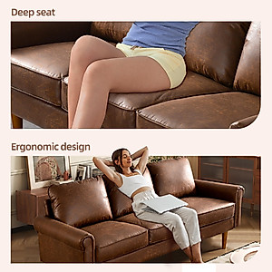 POUUIN Faux Leather 3 Seater Sofa Couches for Living Room,74" Mid Century Modern Deep Seat Sofas & Couches,Breathable Comfy Upholstered Couch for Bedroom Apartment Office (Dark Brown)