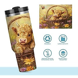 Flradish 30oz Tumbler with Handle, Highland Cow Flowers Stainless Steel Tumbler with Lid and Straws Double Wall Vacuum Insulated Leakproof Coffee Travel Mug