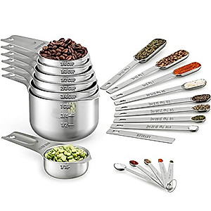 Wildone Measuring Cups & Spoons Set of 21 - Includes 7 Stainless Steel Nesting Measuring Cups, 8 Measuring Spoons, 1 Leveler & 5 Mini Measuring Spoons, Ideal for Dry and Liquid Ingredients