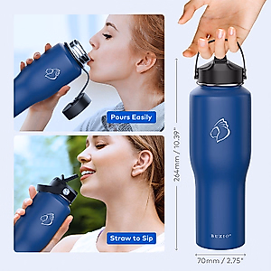 BUZIO Stainless Steel Water Bottle Vacuum Insulated (Cold for 48 Hrs, Hot for 24 Hrs), Cobalt 32oz Tumbler Travel Flask with Straw Lid and Flex Cap, Fit in Any Car Cup Holder