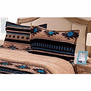 Linen Mart Southwest Aztec Sherpa Borrego Fleece Blanket - 3 Piece Set (Tan) (Queen)