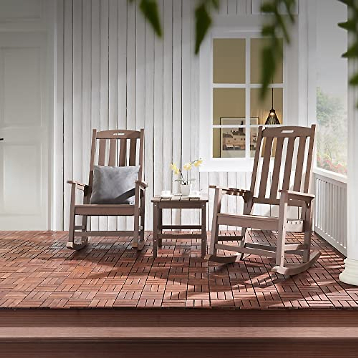 Psilvam Patio Rocking Chair, Poly Lumber Porch Rocker with High Back, 350Lbs Support Rocking Chairs for Both Outdoor and Indoor, Poly Rocker Chair Looks Like Real Wood (Brown)