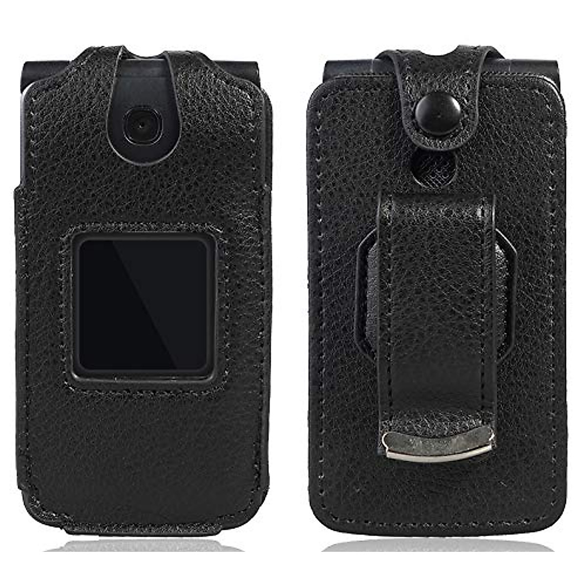 Case for Go Flip Phone, Nakedcellphone [Black Vegan Leather] Form-Fit Cover with [Built-in Screen Protection] and [Metal Belt Clip] for Alcatel Go Flip V, MyFlip, QuickFlip, AT&T Cingular Flip 2