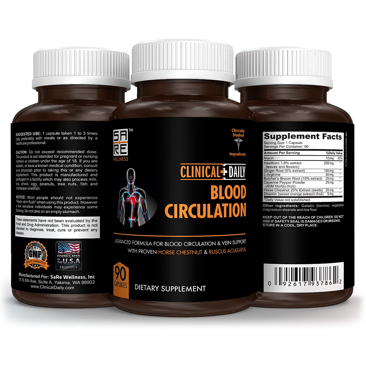 Clinical Daily Blood Circulation Supplements. Butchers Broom, Horse Chestnut, Hawthorn, Cayenne, Arginine, Diosmin Varicose Veins Treatment for Legs. Poor Circulation and Vein Support. 90 Capsules.