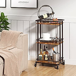 OKZEST 3 Tier Bar Cart for Home, Rolling Mini Liquor Bar for Wine Beverage Dinner Party, Utility Kitchen Storage Island Serving Cart on Wheels, Coffee Bar Cabinet for Kitchen Dining Living Room, Brown