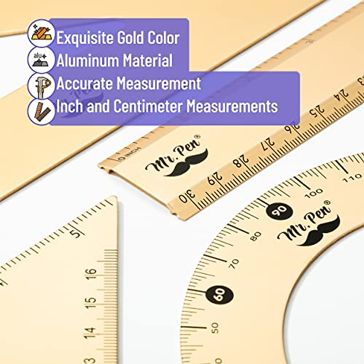 Mr. Pen- Geometry Set, Gold Color, 4 Pack, Metal Geometry Kit, Triangle Ruler, Metal Ruler, Drafting Triangles, Metal Protractor, Metal Set Square, Drafting Ruler, Drafting Set
