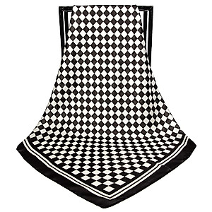 NaSoPerfect 27 inch Silk Feeling Scarf Square Satin Head Scarf Fashion Checkerboard Print Neck Scarfs for Women Black and White