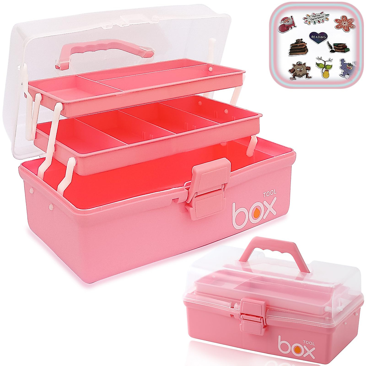 VOAUCEAN 12'' Three-Layer Folding Storage Box, Art Crafts Case,Organization Portable Handled Tool Box for Sewing,Makeup,Tackle,Medical Supply Organizer (Pink)