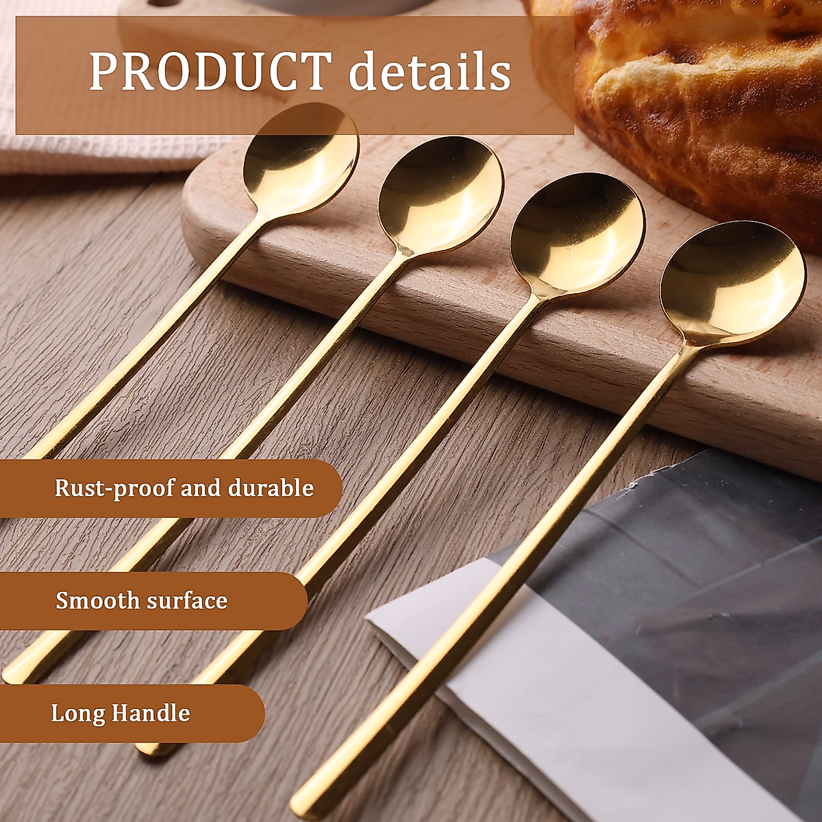 HANSGO 14PCS Coffee Spoons Set, 6.7 Inches Gold Tea Spoons, Stirring Spoons, Gold Spoons Long Handle, Long Spoons for Stirring, Cocktail Coffee Bar Accessories