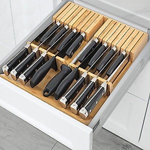 Diosbles In-drawer Bamboo Knife Block, Knife Drawer Organizer Insert, Kitchen counter organization, Knife holder without Knives, fit for 16 knives and 1 Sharpening Steel