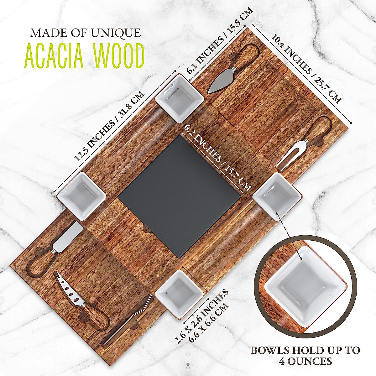 G Francis Large Charcuterie Boards with Bowls and Cheese Board Knife Set - 12.5in Square Acacia Wood Serving Platter Set