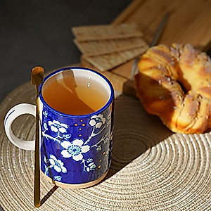 Taimei Teatime Ceramic Coffee Mug Set with Lid and Spoon, 16.9 oz Large Coffee Mug with Handpainted Cherry Blossom Pattern, Tea Cup with Lid for Home| Office, Tea Mug Gift for Women, Blue