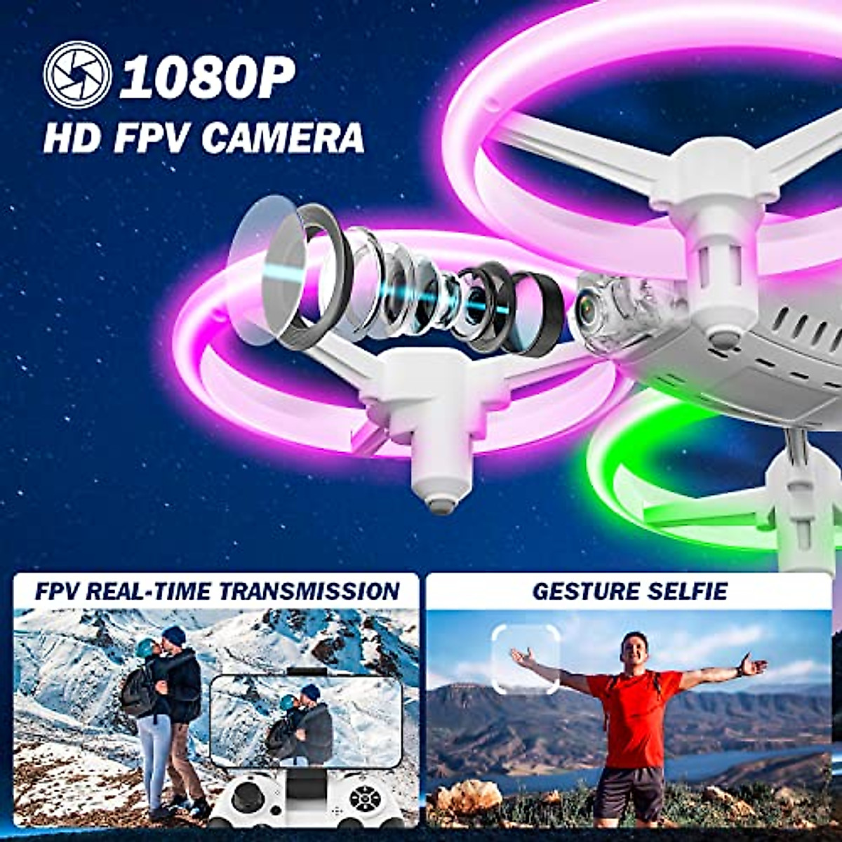 Q9C RC Drone with 720P HD FPV Camera for Kids and Adults Cool Toys Gifts for Boys Girls Teenage with LED Light,Propeller Full Protect,Hobby Quadcopter with Altitude Hold,2 Batteries and Remote Control,Easy to Fly