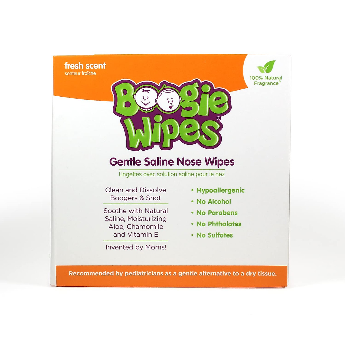 Saline Nose Wipes by Boogie, for Baby & Kids, Face, Hand & Body, FSA/HSA Eligible, Made with Vitamin E, Aloe, and Natural Saline, Fresh Scent, 45 Count (Pack of 2)