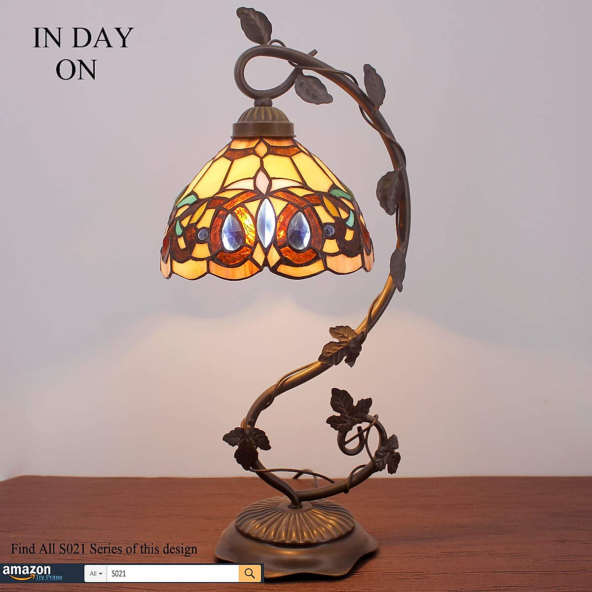 WERFACTORY Tiffany Table Lamp Stained Glass Victorian Table Lamp, Metal Leaf Base 8X10X21 Inches Desk Reading Light Decor Small Space Bedroom Home Office S021 Series