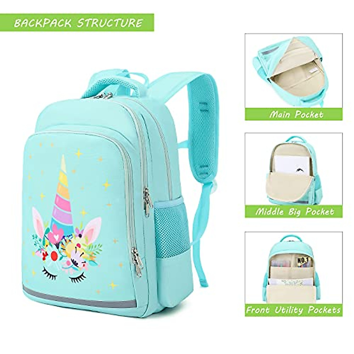 Unicorn Backpack and Lunch Box for girls School Backpack for Girls Unicorn Bookbag Set with Chest Strap Lunch Box and Pencil Bag Preschool Kindergarten Backpack Set
