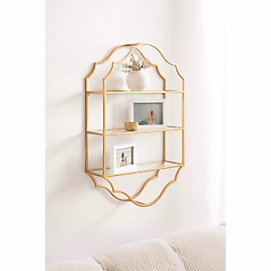 Kate and Laurel Leanna Scalloped Three-Tiered Wall Shelf, 20 x 32, Gold, Decorative Floating Shelf Storage and Wall Organizer for Bathroom Over Toilet Storage or Display