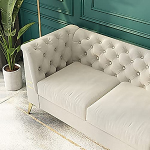 ANTTYBALE 82" Mid Century Modern Sofa for Living Room Velvet Couch Chesterfield Sofa with Gold Legs for Bedroom Office (Beige)