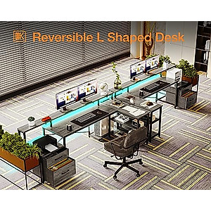 ODK L Shaped Desk with File Drawer, 75" Reversible L Shaped Computer Desk with Power Outlet & LED Strip, Home Office Desk with Storage Shelves, Gaming Desk with Monitor Shelf, Corner Desk, Grey Oak