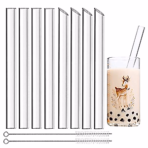 8Pcs Reusable Glass Boba Straws, 14mm Extra Wide Clear Smoothie Straws for Bubble Tea, Eco-friendly Drinking Straws with cleaner brush, Box Pack