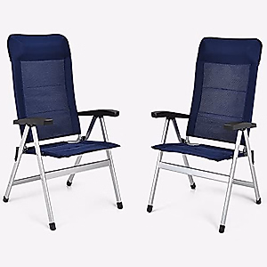 Giantex Set of 2 Patio Chairs, Folding Outdoor Chairs, High Back Recliner with Headrest and Armrests 7 Levels Adjustable Camping Chairs Safe Lock Lawn Chairs Porch Balcony Furniture, Blue