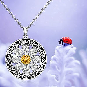 Talonior Daisy Necklace for Women Sterling Silver Celtic Knot Birth Flower Sunflower Necklace Pendant Cubic Zirconia Sunshine Daisy Jewelry Gifts