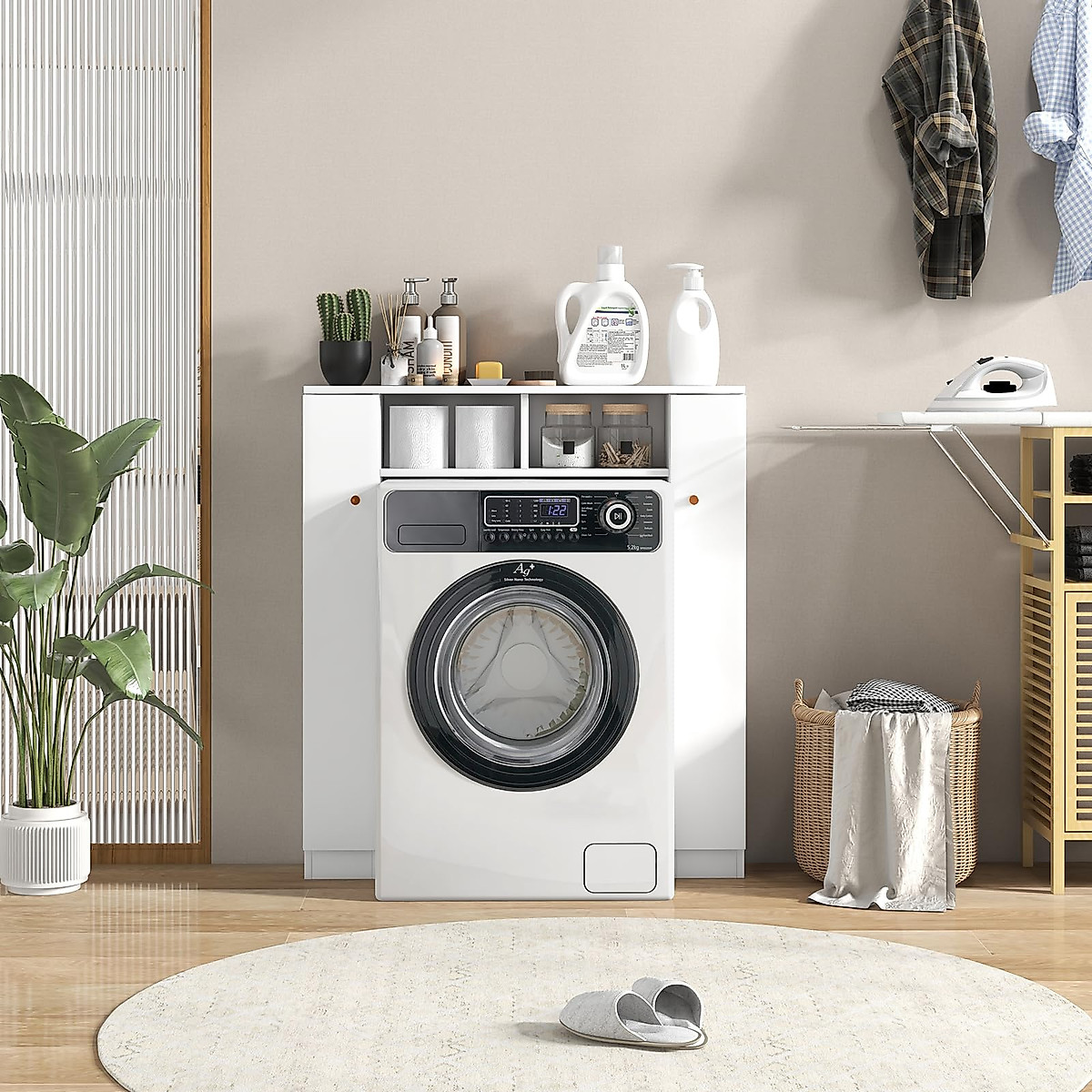 Tangkula Over The Toilet Storage Cabinet, Freestanding Above Toilet Organizer w/ 10-Level Adjustable Shelves & Crossbar, Anti-Tipping Device Included, Bathroom Space Saver (Modern, White)