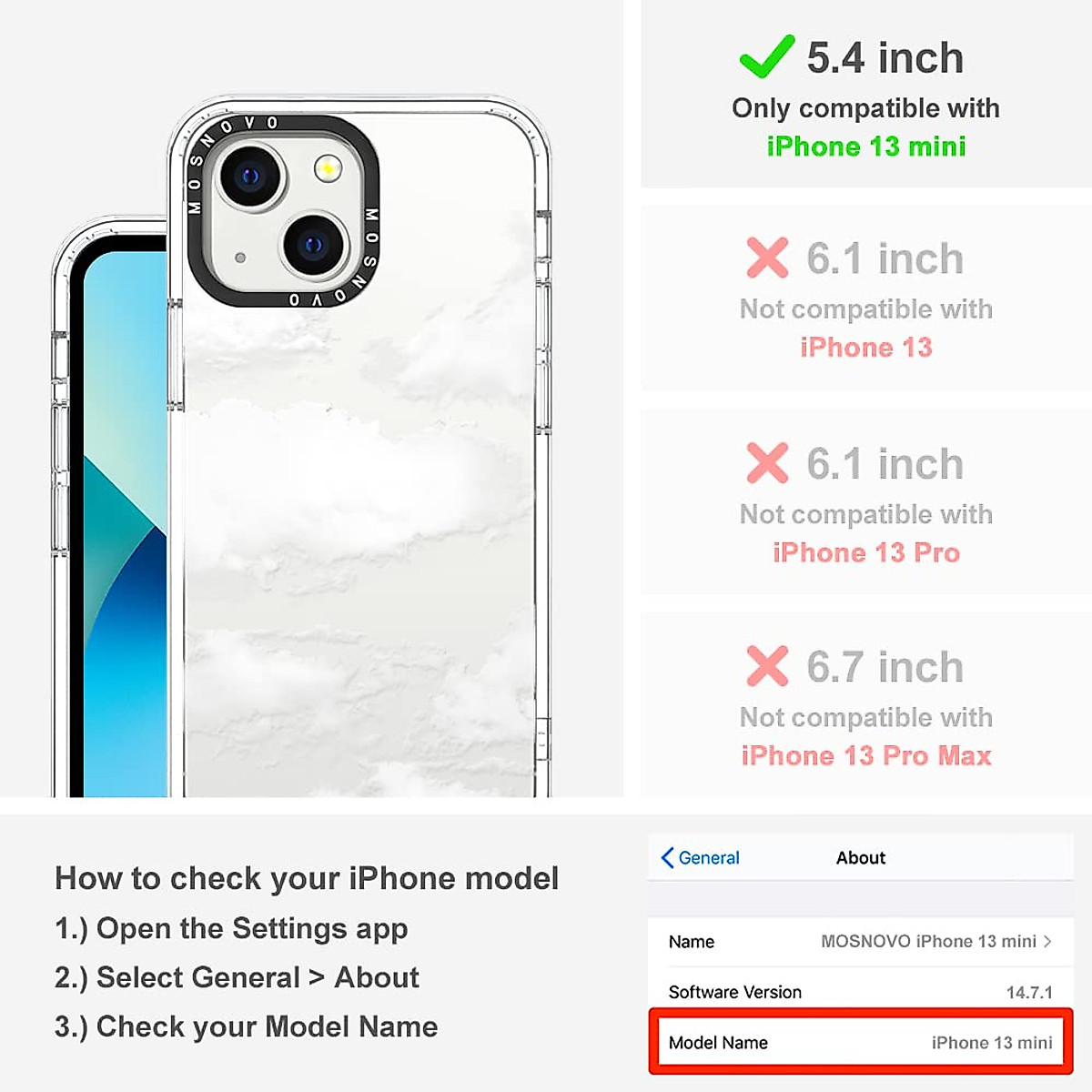 MOSNOVO Case for iPhone 13 Mini, [Buffertech 6.6ft Military-Grade Drop Protection] [Anti Peel Off Tech] Clear TPU Bumper Phone Case Cover Design - Cloud