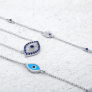 Tiny Minimalist Simple Evil Eye Charm Bracelet For Teen For Women Cubic Zirconia CZ .925 Sterling Silver Extender