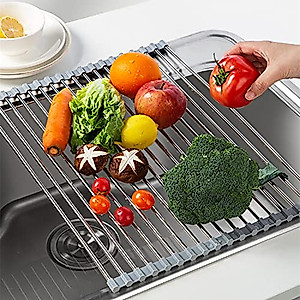 Over The Sink Dish Drying Rack, RidRed Roll up dish rack, High temperature resistance Kitchen Rolling Dish Drainer, Stainless Steel Sink Drying Rack, Foldable Dish Drainer, Gray (17.5 x 11.8)