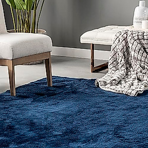 nuLOOM Loni Solid 5x8 Machine Washable Shag Area Rug for Living Room Bedroom Dining Room Nursery, Navy/Ivory