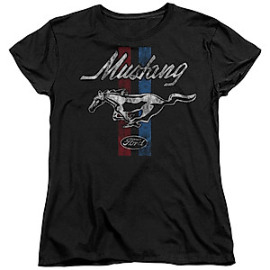 Popfunk Classic Ford Mustang Stripes Women's T Shirt,Black, Small